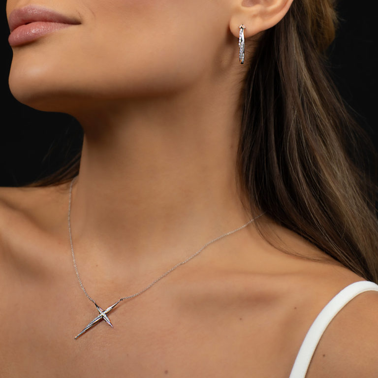 ARY D'PO • Twisted Cross Necklace in 14K White Gold with Diamonds